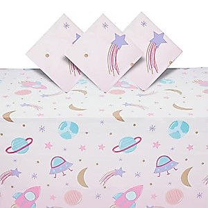 BLUE PANDA 3 Pack Pink Plastic Space Table Cover for Girls Outer Space Birthday Party Supplies (54 x 108 in)