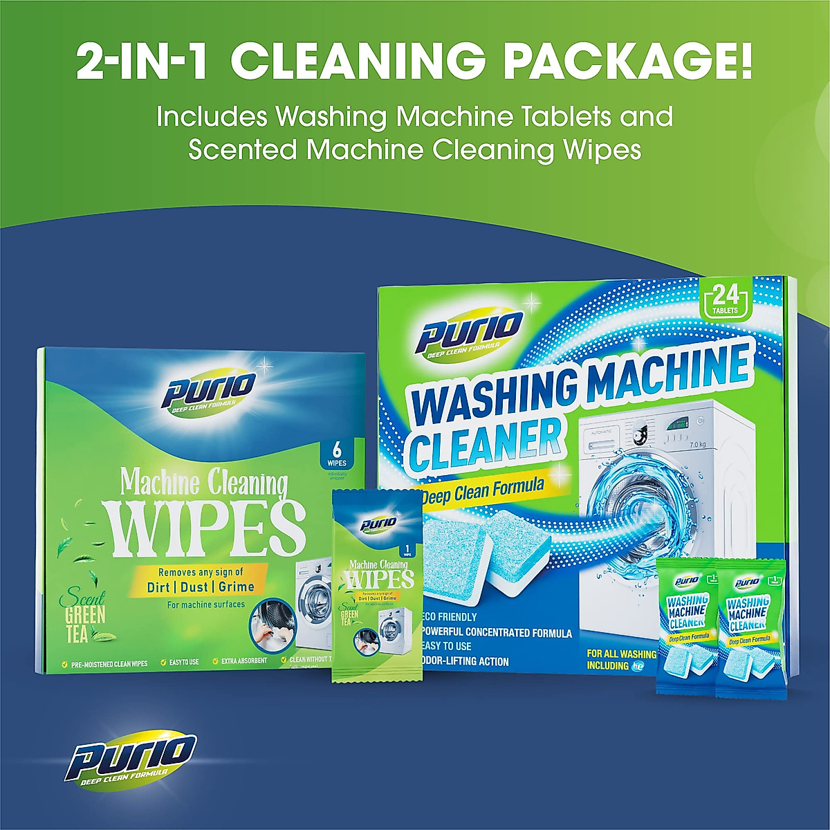 PURIO Washing Machine Cleaner Tablets 24-Ct Deep Cleaning Formula Washer Machine Cleaner Top Load & Front Load Standard & HE Washers