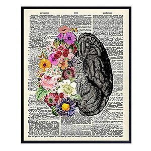 Flower Brain Dictionary Art Print - Vintage Upcycled Wall Art Poster - chic Modern Home Decor for Bedroom, Bathroom, Living Room - A Great Gift for Women and Steampunk Fans - 8x10 Photo - Unframed