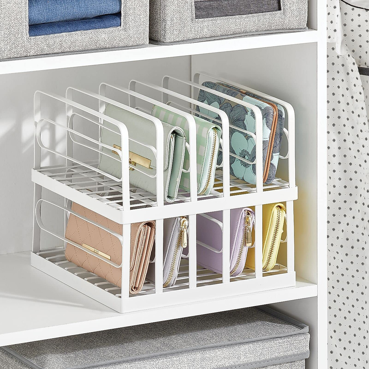 mDesign Metal Divided Stackable Purse Organizer for Closets, Bedrooms, Dressers, Shelves - Closet Shelf Storage Solution for Purses, Clutches, Wallets, Accessories - 5 Sections, 2 Pack - Matte White
