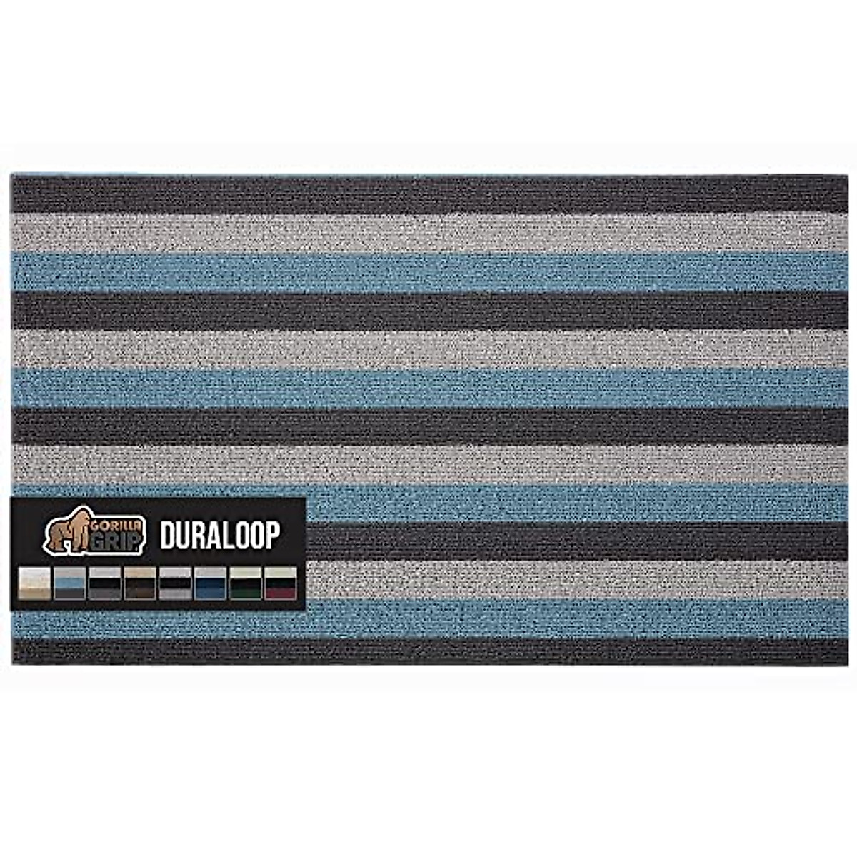 Gorilla Grip Heavy Duty Striped Doormat, Thick Bristles, Crush Proof Texture, Catches Dirt from Shoes, Strong Backing, Easy to Clean, Indoor and Outdoor Entrance Mats, 24x16, Turquoise and Gray