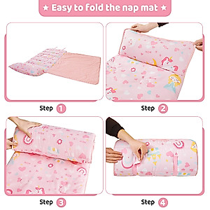 Viviland Toddler Kid Nap Mat for Preschool, Girls Pink Princess Slumber Bag, Daycare Sleeping Bag with Pillow and Blanket, Kindergarten Sleep Mat