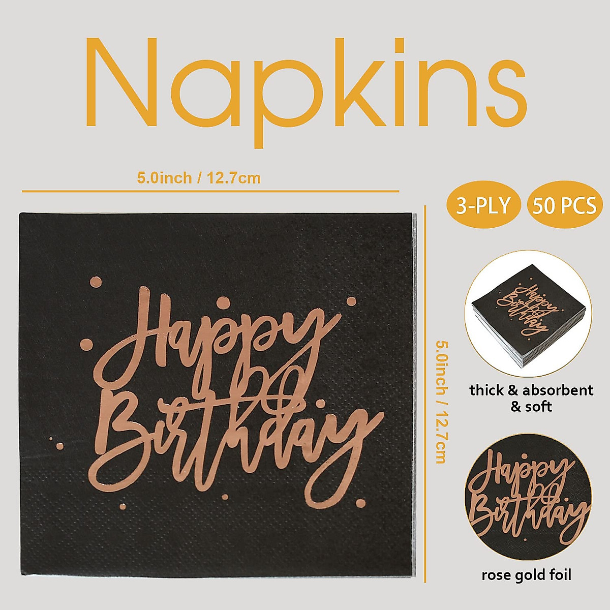Happy Birthday Napkins Pack of 50 Rose Gold and Black Birthday Cocktail Napkins Paper Disposable Party Napkins Anniversary Lunch Dinner Birthday Decorations Supplies Beverage Napkins 3 Ply