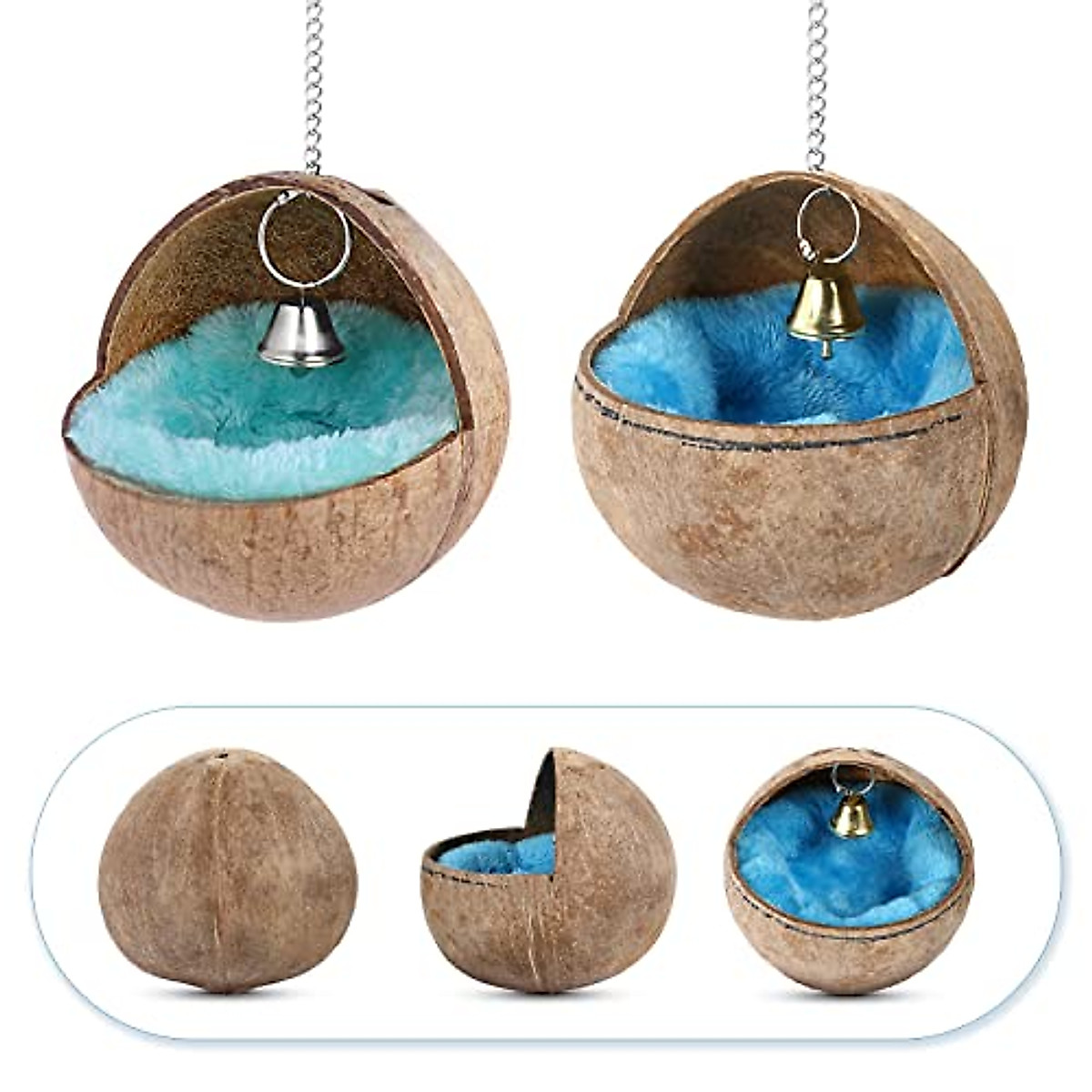 POPETPOP Dwarf Hamster Nest Hanging Bird Coconut Shell Warm Sleeping Bed Portable Bird Nest Bird House Resting Place for Dwarf Hamster Gerbil Squirrel (Random Color Cushion)