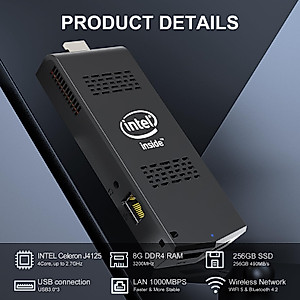 AIOEXPC Mini Computer Stick with Windows 11 Pro Intel Celeron J4125 8GB DDR4 256GB SSD PC Stick Support UHD 4K 60Hz WiFi 2.4G/5G Gigabit Ethernet BT 4.2