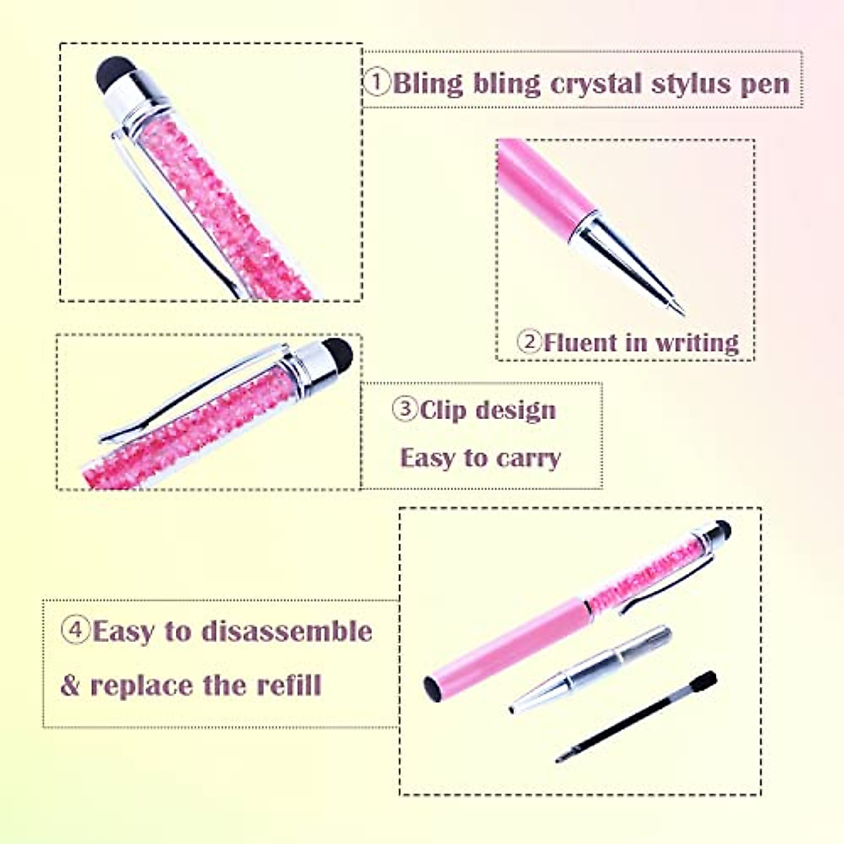 HEYTOP 52 Pieces Crystal Ballpoint Pens Crystal Stylus Pen Pack, 2 in 1 Slim Bling Glitter Diamond Ballpoint Pen Stylus Capacitive Writing Pens for Touch Screens, School, Office, Various Event Gifts