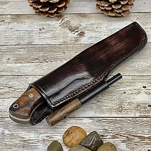 Handmade Fixed Blade Outdoor Knife with Sheath – Hunting, Bushcraft, Self Defense Bowie Knife – Tracker Knife with Wooden Handle & N690 German Bohler Steel Blade – Leather Sheath & Flint Rod Included