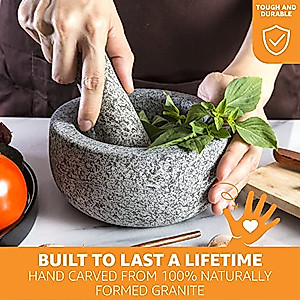 Heavy Duty Large Mortar and Pestle Set, Hand Carved from Natural Granite, Make Fresh Guacamole, Salsa, Pesto, Stone Grinder Bowl, Herb Crusher, Spice Grinder, 6.3" Wide, 2 Cup, Grey