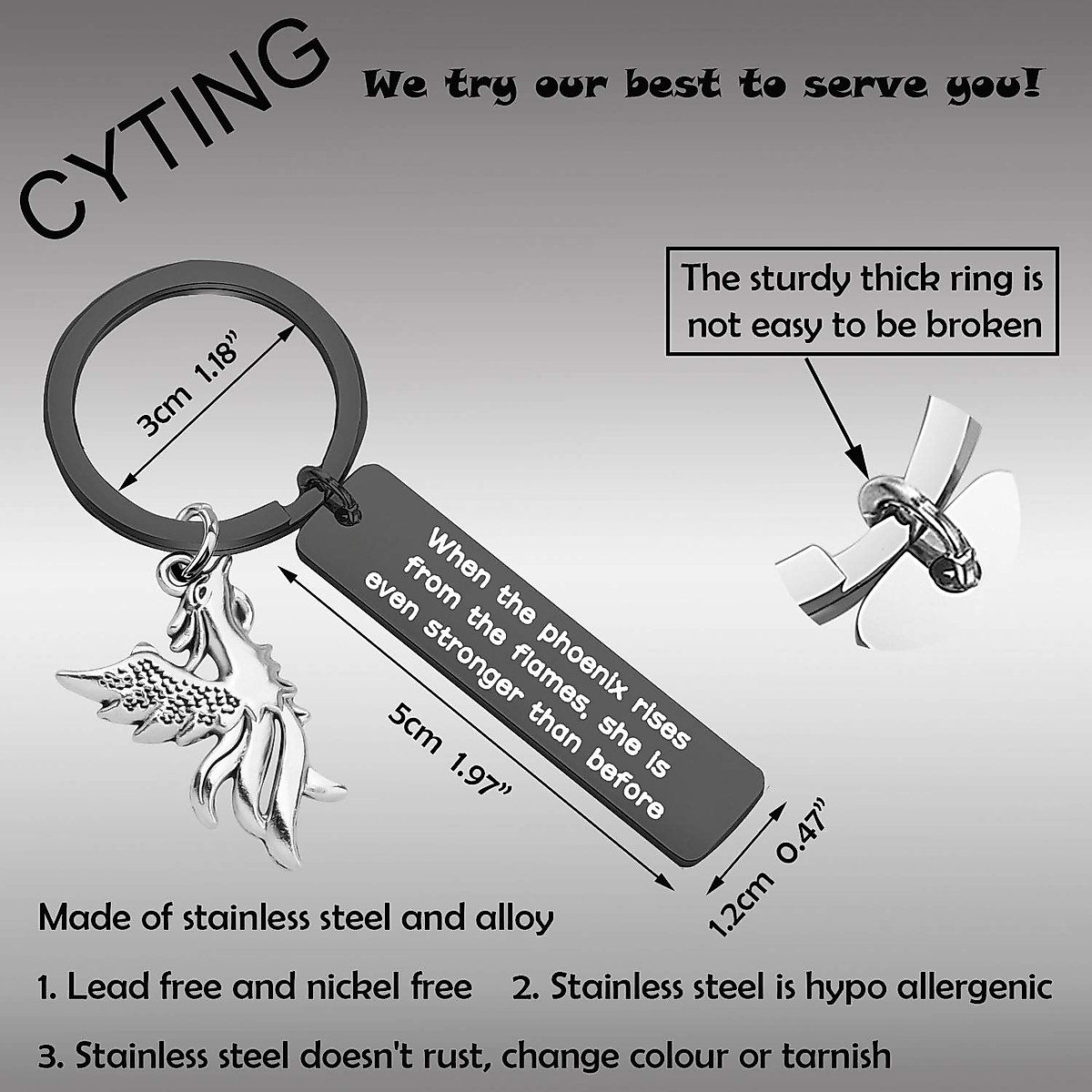 CYTING Phoenix Inspirational Quote Keychain Phoenix Jewelry Motivational Gift