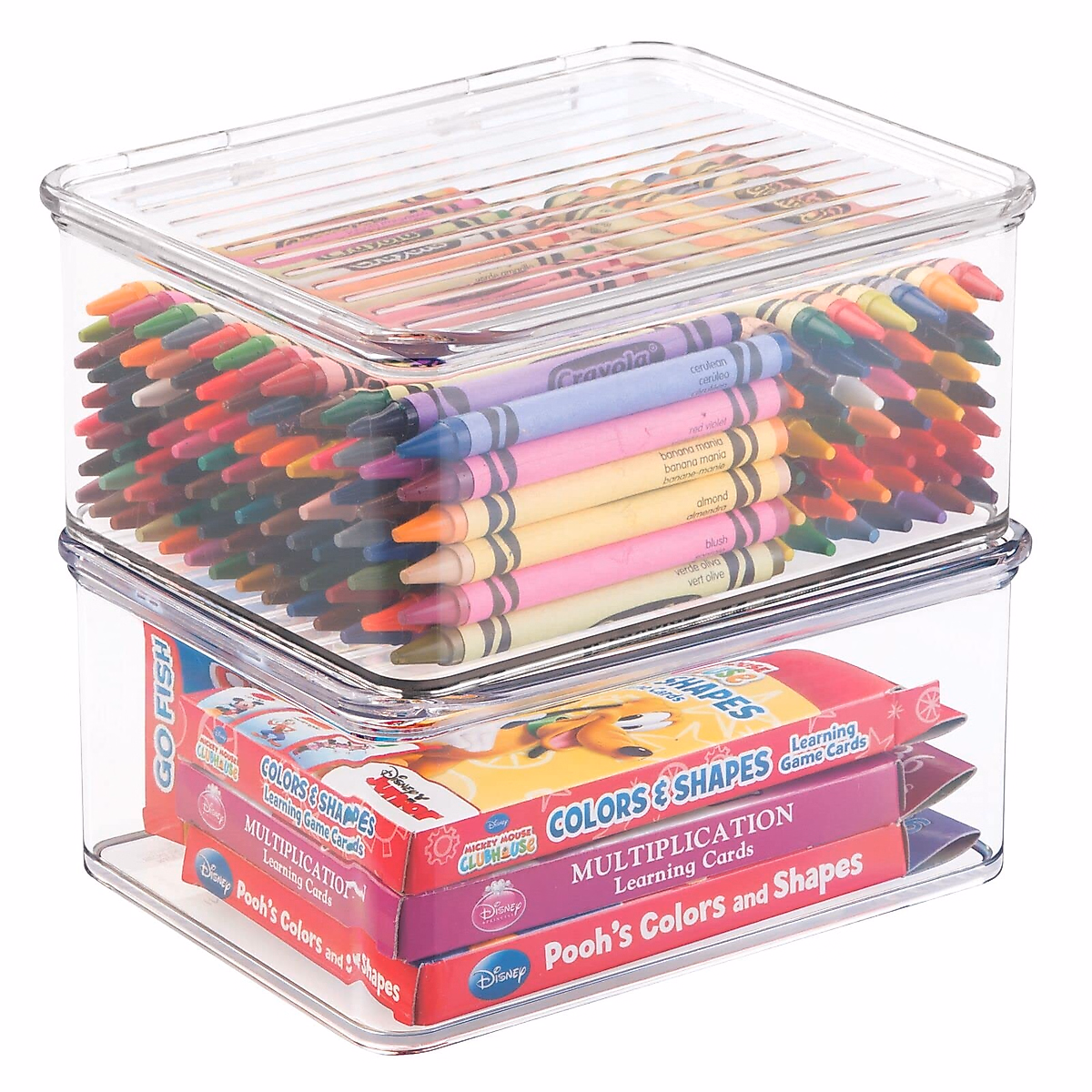 mDesign Plastic Playroom/Gaming Storage Organizer Box Containers, Hinged Lid for Shelves or Cubby, Holds Small Toys, Building Blocks, Puzzles, Markers, Lumiere Collection, Clear