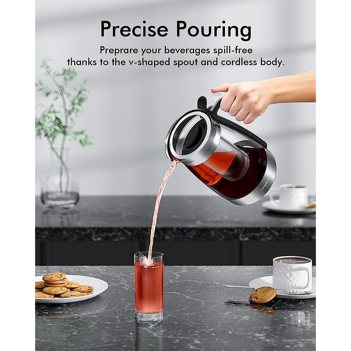 Electric Glass Tea Kettle with Infuser, 1.7L/1500W Fast Boiling, Stainless Steel, Temperature Control Tea Maker, BPA Free - Easy Lid Removal & Keep Warm Feature, Silver