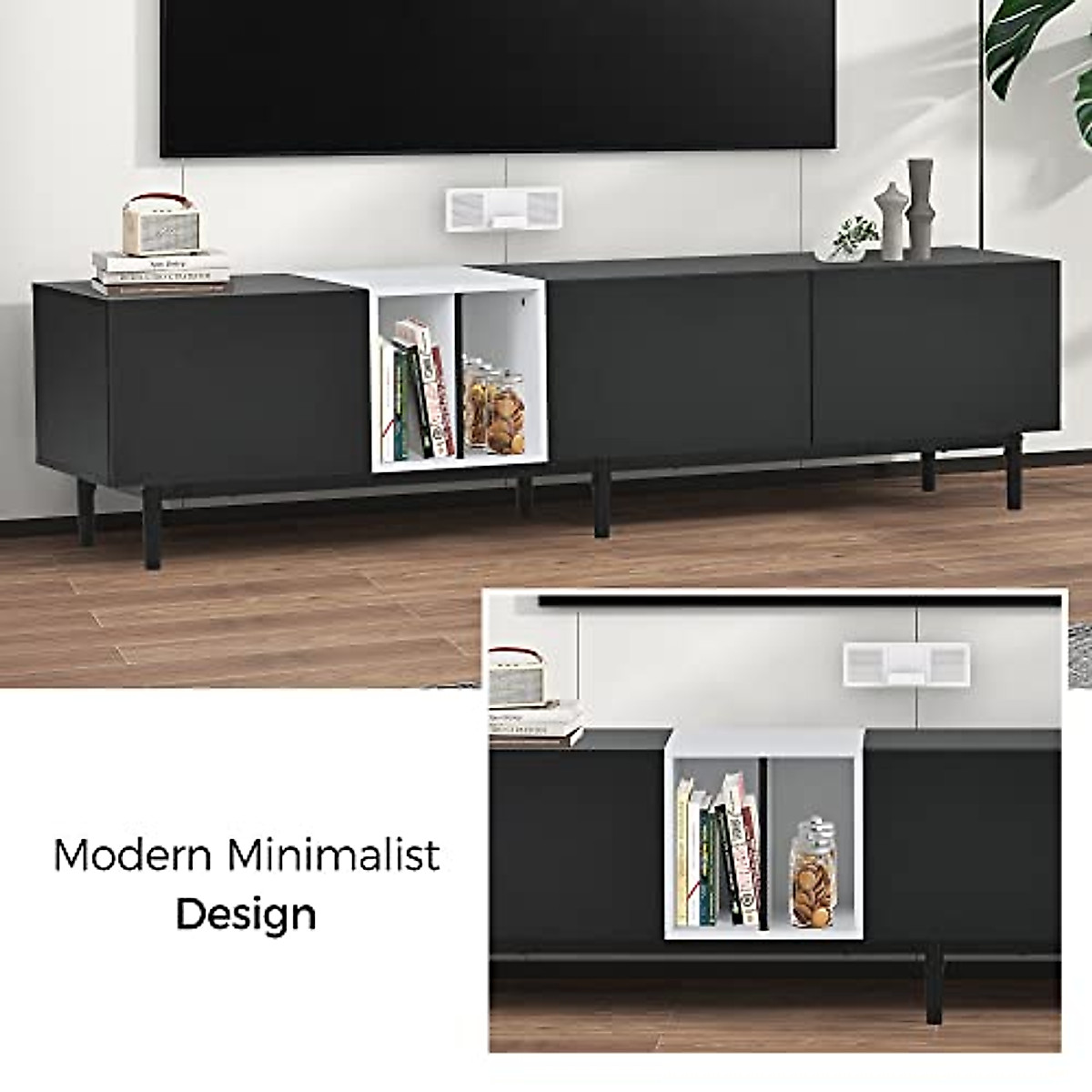 80 Inch TV Stand with Storage Cabinet and Open Shelves, Modern Black Media TV Console for TVs up to 80", Minimalist Wood Entertainment Center for Living Room, Bedroom