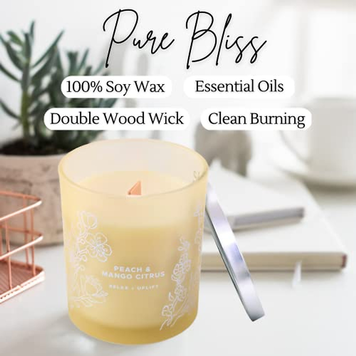 Peach Mango Citrus Scented Candles with Mandarin & Passion Fruit | Large Aromatherapy Candle | Highly Scented Soy Wood Wick Candles for Home | Natural Stress Relief Candles for Men & Women 10.6 oz