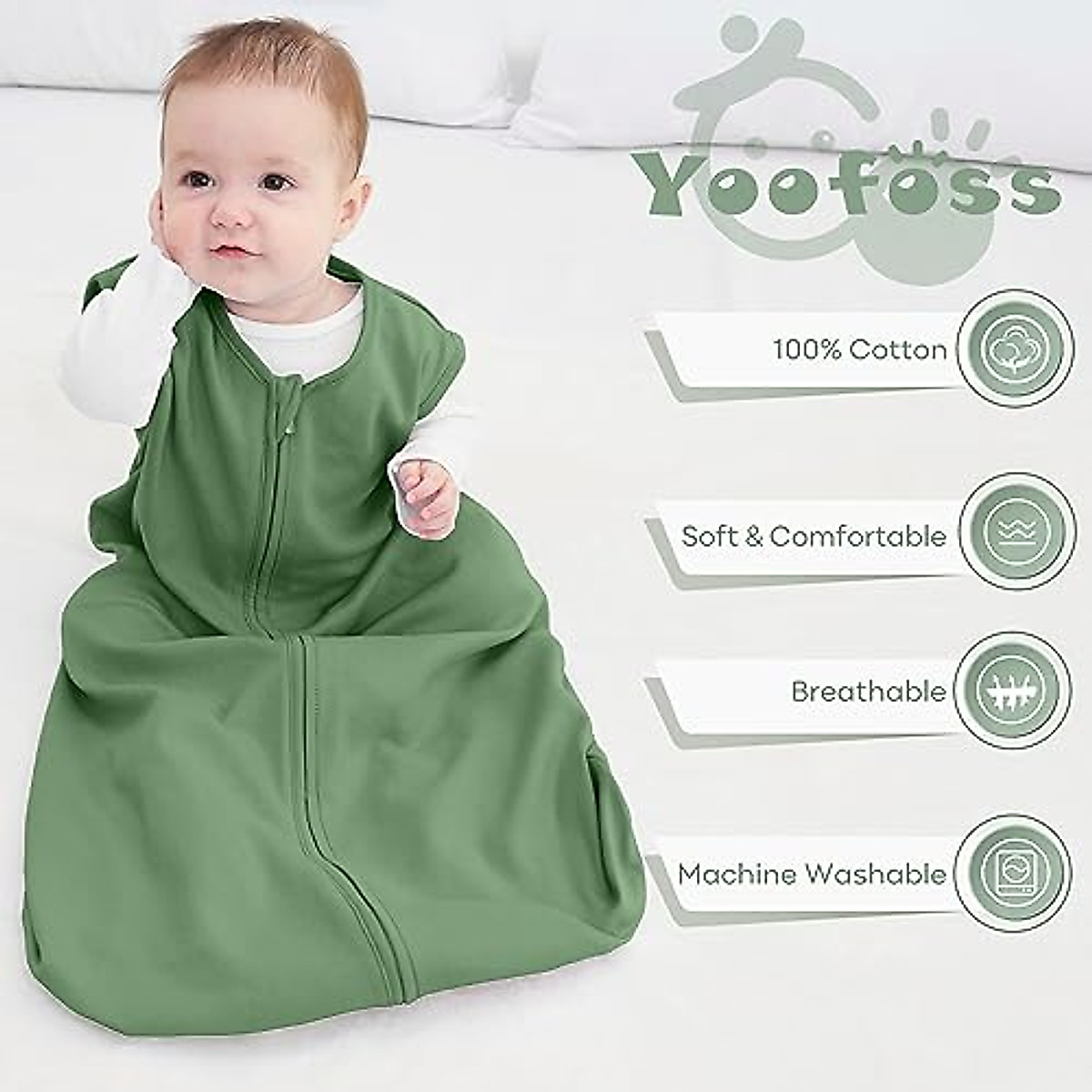 Yoofoss Baby Sleep Sack 12-18 Months Baby Wearable Blanket 100% Cotton 2-Way Zipper TOG 0.5 Toddler Sleeping Sack, Comfy Soft Lightweight Sleep Sacks for Babies - Dark Green (Large)