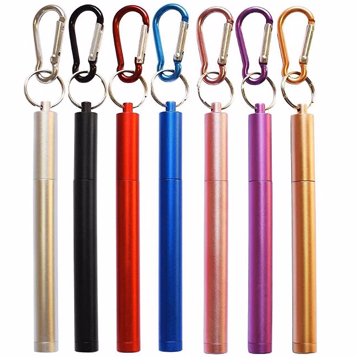 Hoshen Reusable Three-Section Foldable Metal Straw, Portable Telescopic Straw, Including Brush and Small Carabiner (Aluminum Alloy Shell), Black, 2 PCS