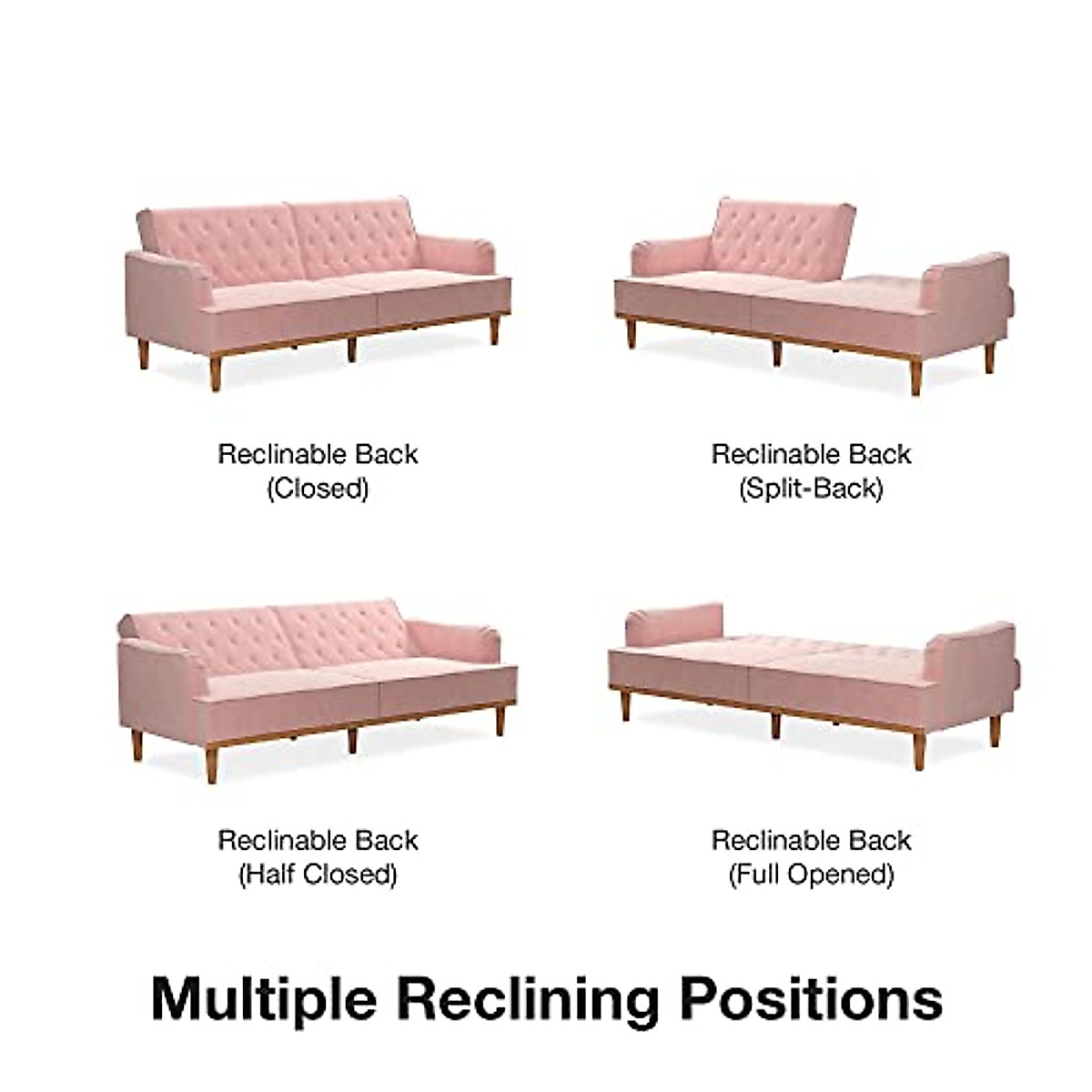 Mr. Kate Stella 80 Inch Futon Sofa Bed in Velvet Fabric, Modern Upholstered Couch Sleeper with Button Tufted Back and Wood Trim, Pink