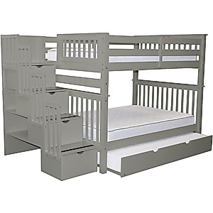 Bedz King Stairway Bunk Beds Full over Full with 4 Drawers in the Steps and a Twin Trundle, Gray