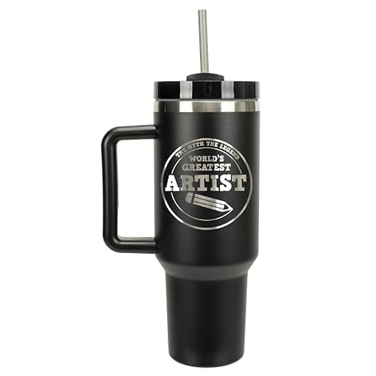 100 North | 40 oz Stainless Steel Double Wall Insulated Travel Tumbler With Handle, Straw, and Lid, World's Greatest Artist Black