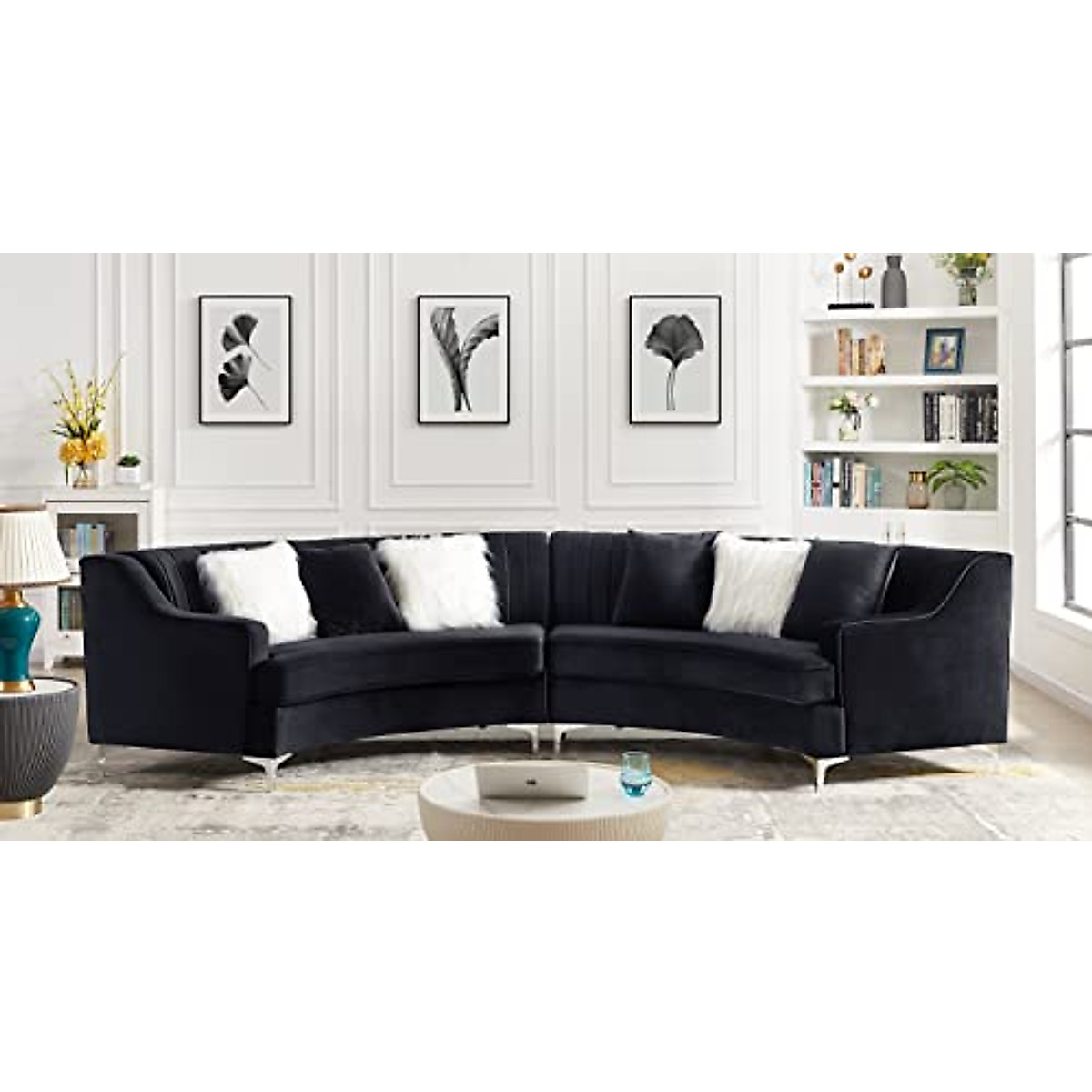 Yoglad Upholstered Curved Sectional Sofa, Modern Style Semicircle Couch, Tufted Sofa with Metal Legs, Circular Sofa with Villose Pillows for Living Room (Black, 140" Stripe Style, Velvet)