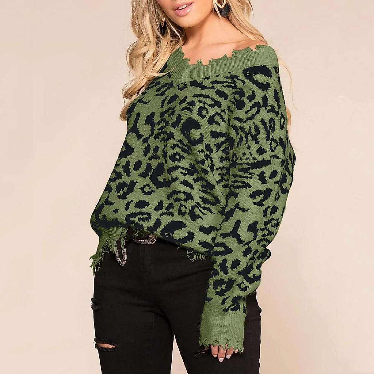 FAPIZI Women's Fashion Leopard Print Off Shoulder Ripped Sweater V Neck Long Sleeve Distressed Knit Pullover Jumper Tops