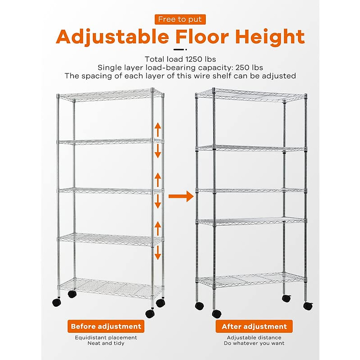 MGHH Garage Shelving, Metal Shelves 5 Tier Wire Shelving Unit Adjustable Heavy Duty Sturdy Steel Shelving Rolling Cart with Casters for Pantry Garage Kitchen (Chrome, 14" D x 30" W x 60" H)