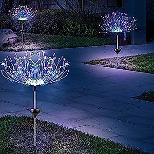 Honche 2 Pack Solar Firework Lights Ground-Plug, 120LED 8 Modes Solar Garden Colorful String Lights, Starburst Lights for Pathway Patio,Yard, Lawn, Backyard, Christmas Party Decorative (RGB-Round)