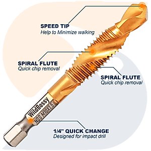Combination Drill Tap Bit Set 6 PCS (M3 M4 M5 M6 M8 M10), Titanium High-Speed Steel Screw Tapping Hexagonal Handle Multifunctional Drill Bit Set, Manual Tool