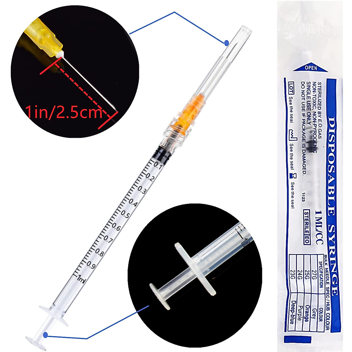 15Pack 1ml/cc Plastic Sterile Syringes with 25Ga and Cap, for Scientific Labs, Industrial Adhesives, Individually Package