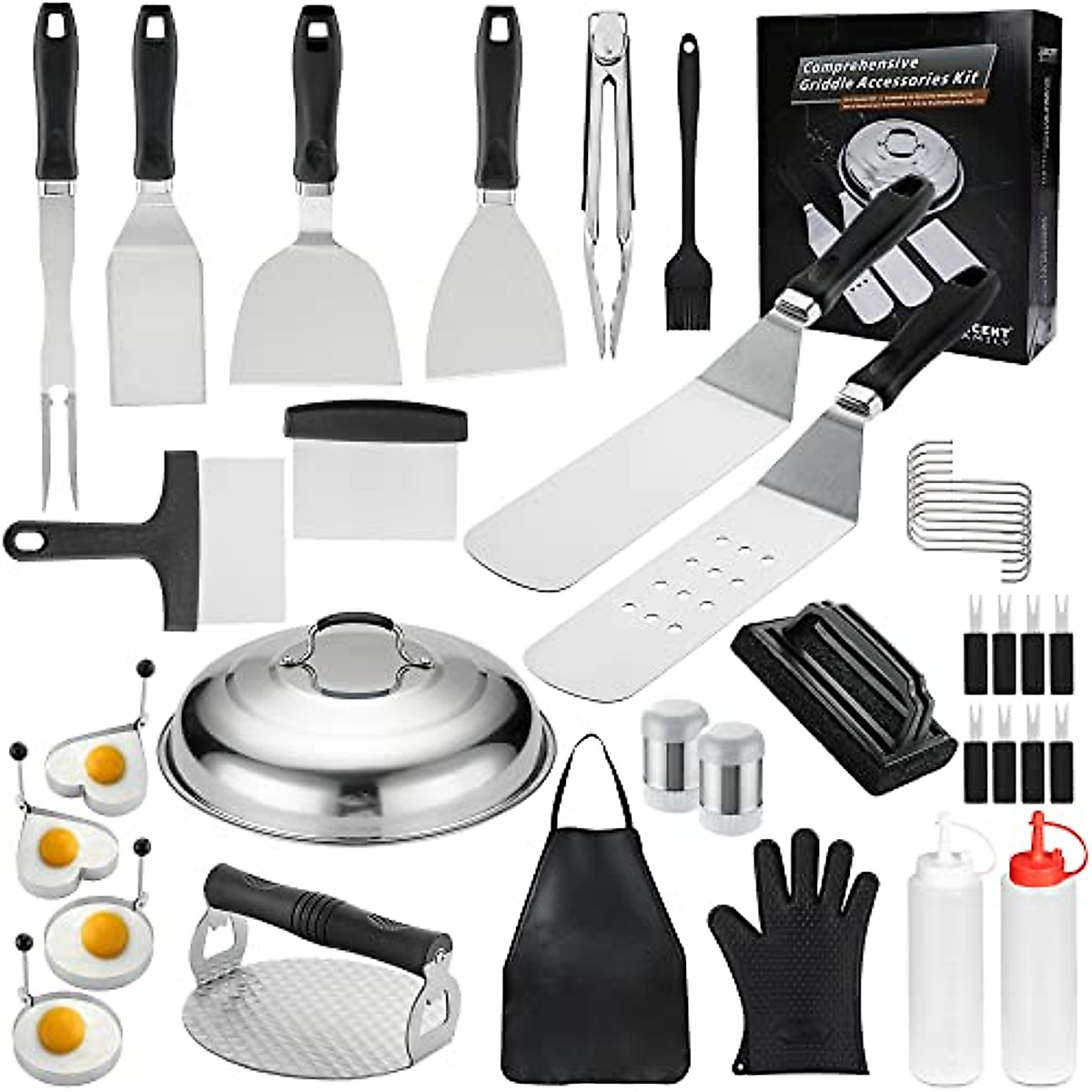Griddle Accessories Kit, 39pc Commercial Grade Flat Top Grill Accessories for Blackstone, Complete Griddle Accessories Set with Melting Dome, Spatula, Scraper, Burger Press, Tongs, Cleaning Kit, Apron