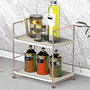 kaileyouxiangongsi Plastic/Metal Freestanding Stackable Organizer Shelf,Bathroom Countertop Storage Shelf Cosmetic Organizer Holder Kitchen Spice Rack,2-Tier Standing Rack (Rose Gold)