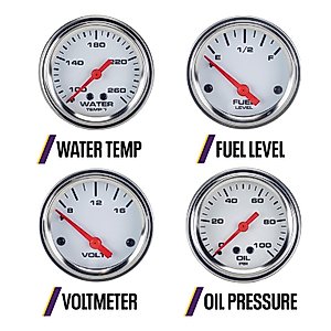 5-Gauge Set Complete Kit: 3-3/8" Mechanical Speedometer, 2-1/16" Component Gauges with White Face, Red Pointer & Chrome Bezel, Includes Tubing, Adapters, Fuel Level Sender