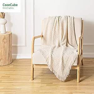 CozeCube Boho Throw Blanket for Couch, Spring Throw Blanket, Basket Weave Waffle Throw Blanket, Farmhouse Lightweight Throw Blanket with Fringe, Cream, 60'' x 50''