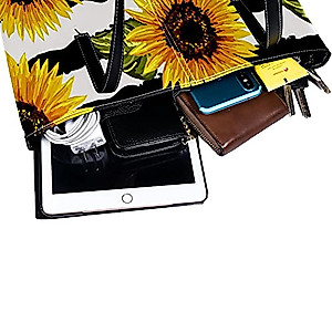 Women’s Leather Tote Bag, Aesthetic Sunflower Black Stripe Large Heavy Duty Shoulder Bag Travel Work School Handbag