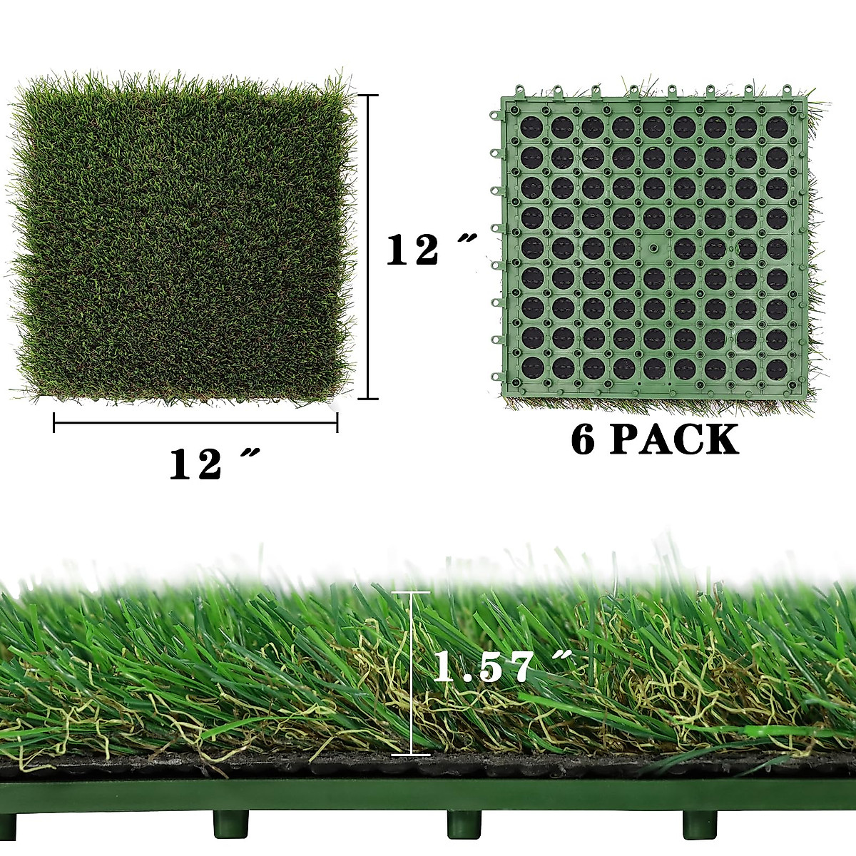 CJNLON 12"x12" Artificial Grass Tiles, 9 Packs Self-draining Fake Grass Turf Tiles Set for Flooring Decor, Dog Pads Indoor Outdoor 1.57'' in Pile Height