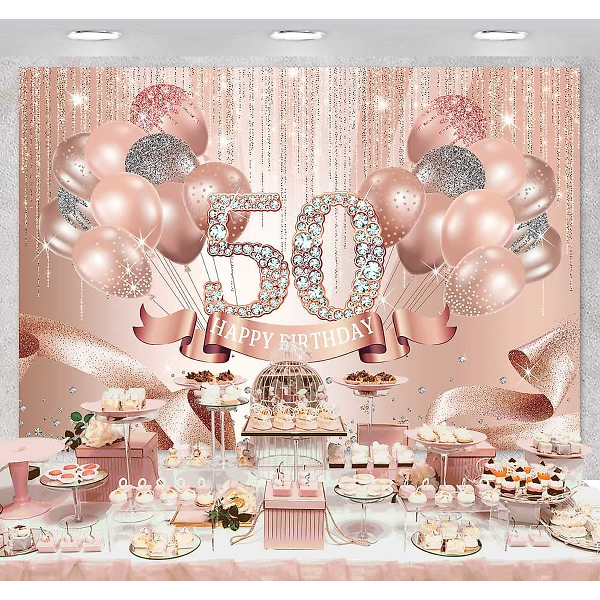 Sensfun Happy 50th Birthday Backdrop Rose Gold Diamonds Fabulous 50th Birthday Background Glitter Balloons Fifty Years Old Age Women Birthday Party Banner Decorations Supplies 7x5ft