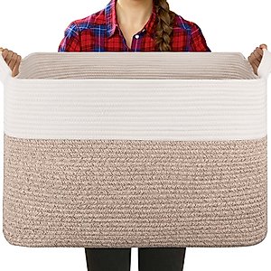OIASKET Extra Large Laundry Basket, 90L Blanket Basket for Living Room, Cotton Rope Storage Basket, Toy Basket for Kids, Woven Basket for Clothes, Towels, Pillows, 24" x 17" x 14", Brown and White