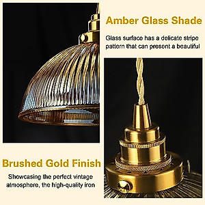 QianZhan Glass Pendant Light, 9.8" Gold Brushed Pendant Lighting Fixtures with Amber Glass Shade, Modern Dome Hanging Lights for Kitchen Island Dining Room Hallway Bedroom