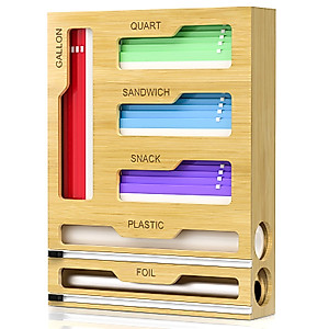 HOSTENU 6 in 1 Storage Bag Organizer for Kitchen Drawer, Bamboo Foil and Plastic Wrap Dispenser with Cutter, Food Baggie Organizer for Drawer, Plastic Bag Organizer for Gallon, Quart, Sandwich, Snack