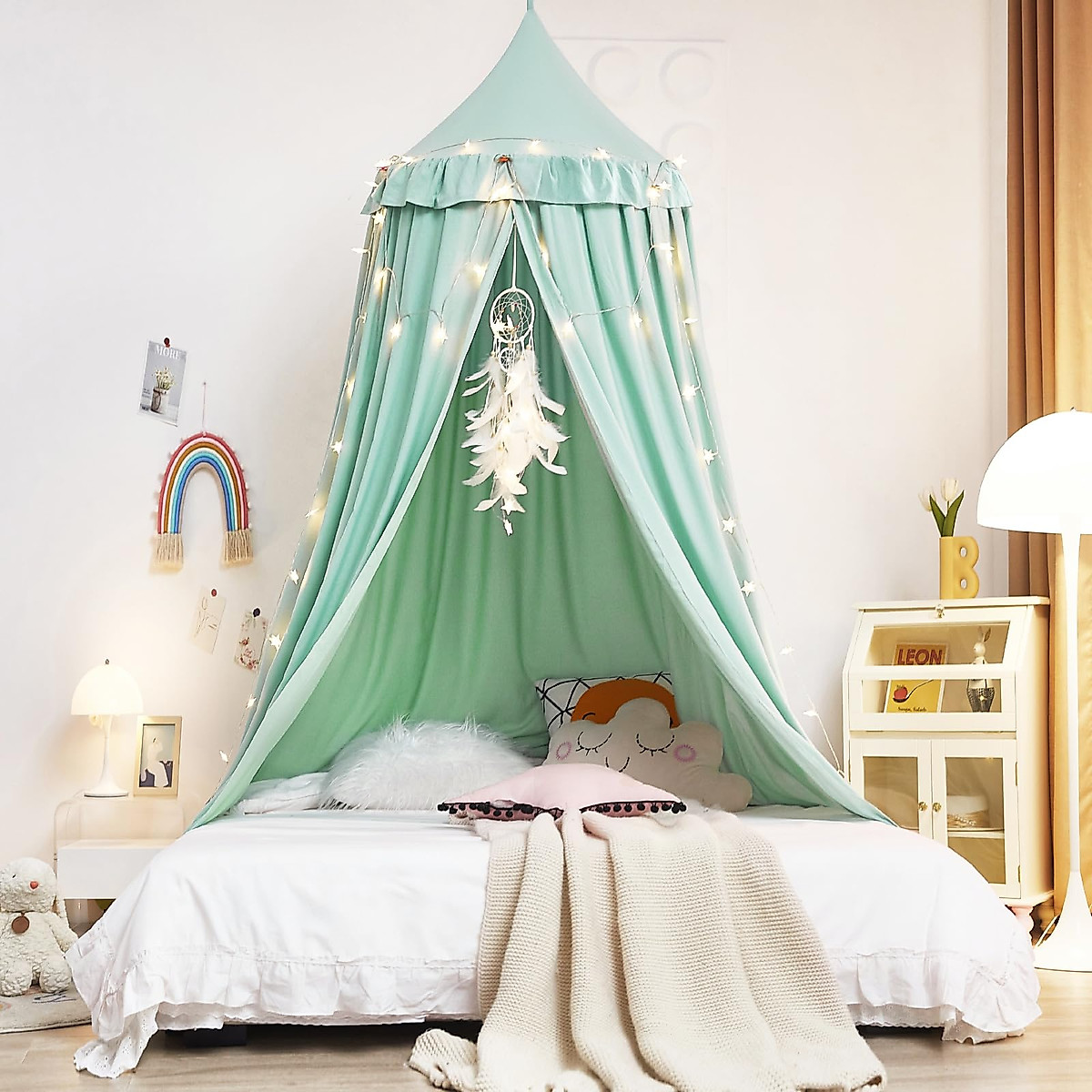 Kertnic Decor Canopy for Kids Bed, Soft Smooth Playing Tent Canopy Girls Room Decoration Princess Castle, Dreamy Mosquito Net Bedding, Children Reading Nook Canopies in Home (Green)