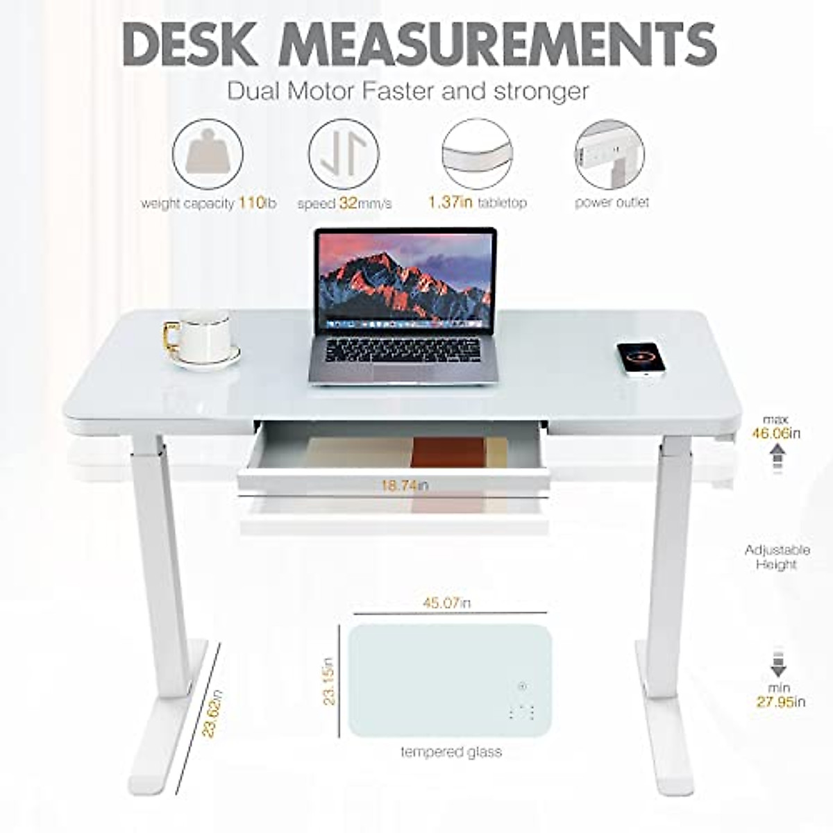 AIMEZO Standing Desk with Drawer Ergonomic Tempered Glass Electric Sit-Stand Height Adjustable Computer Workstation,with Touchscreen Controller&Wireless Charging &USB Port& Power Strip