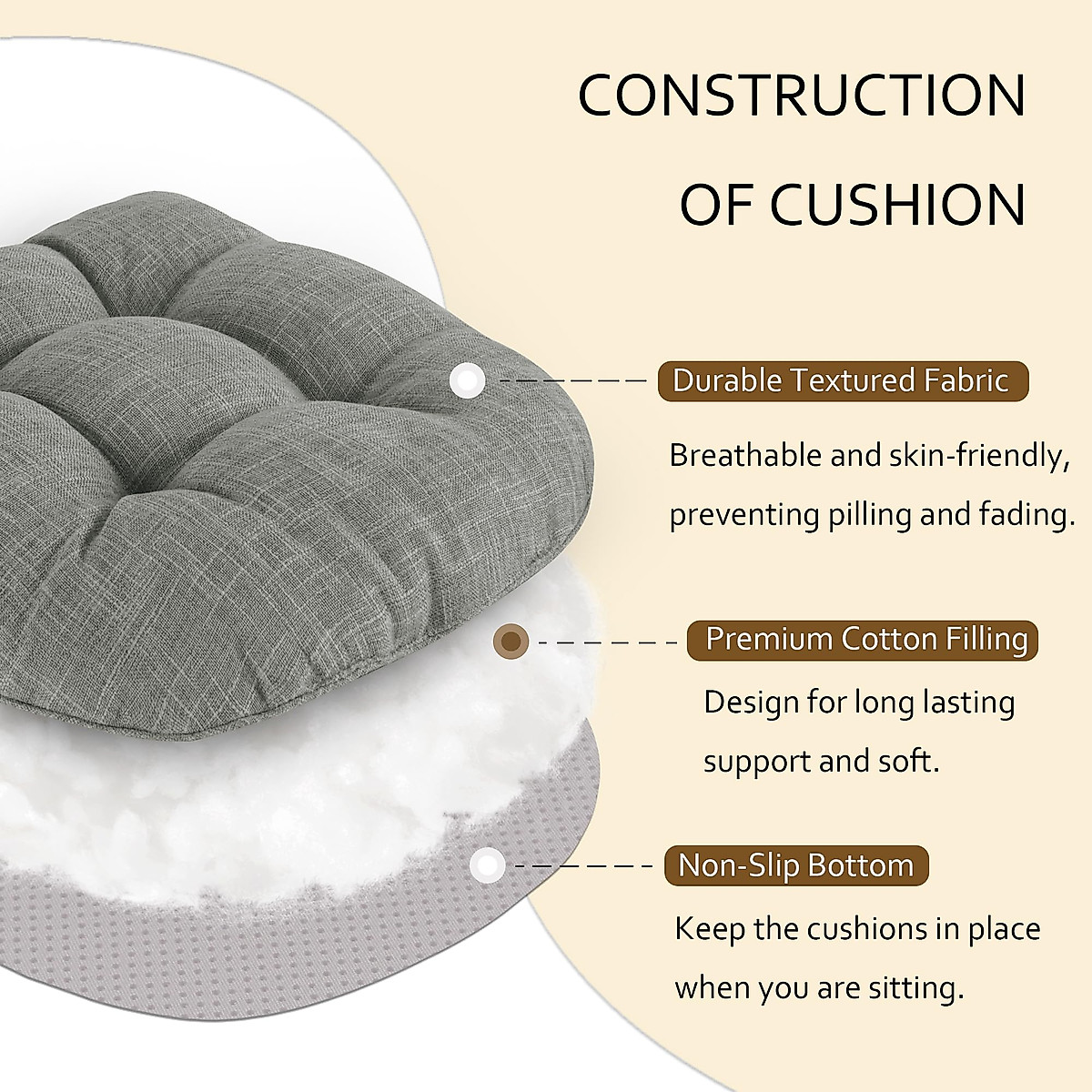 ELFJOY Chair Cushions for Dining Chairs Set of 4 Office Chair Cushion 18x18x3 Inches Kitchen Chair Pads Soft and Comfortable Seat Cushion with Ties and Non Slip Backing,Light Grey