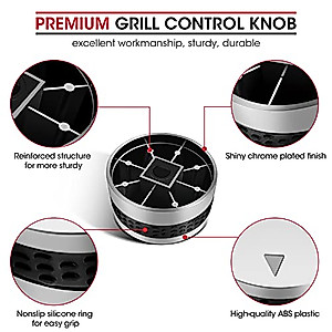 Unicook Grill Control Knob, 4 Pack Gas Burner Replacement Knobs, Chrome Plated Plastic with Nonslip Grip, Fits BBQ Gas Grills with D Shaped Valve Stem, Including 4 Knobs and 12 Adaptors
