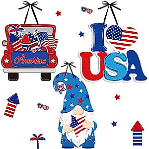 3 Pieces 4th of July Decorations Patriotic Wooden Signs Independence Day America Wooden Signs I Love USA Gnome Hanging Signs for Window Door Wall Decoration