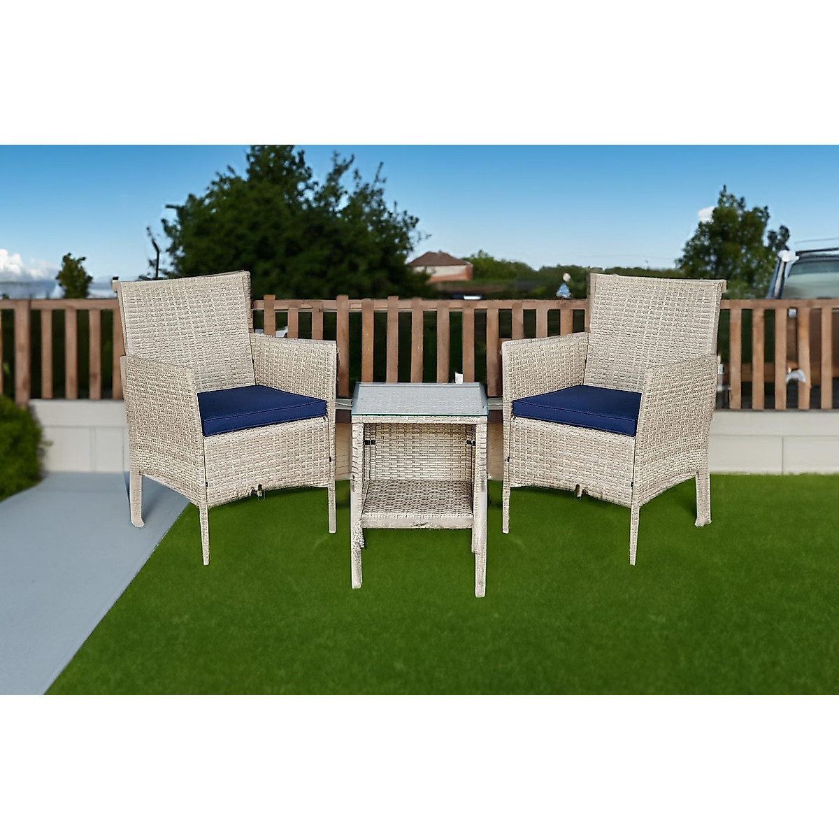 BTEXPERT Outdoor Wicker Conversation 3 Piece Bistro Set Garden Patio Yard Porch Furniture Space Saving Pe Rattan 2 Chairs Cushions Side Storage Glass Table Stone Gray/Navy Blue 3pc