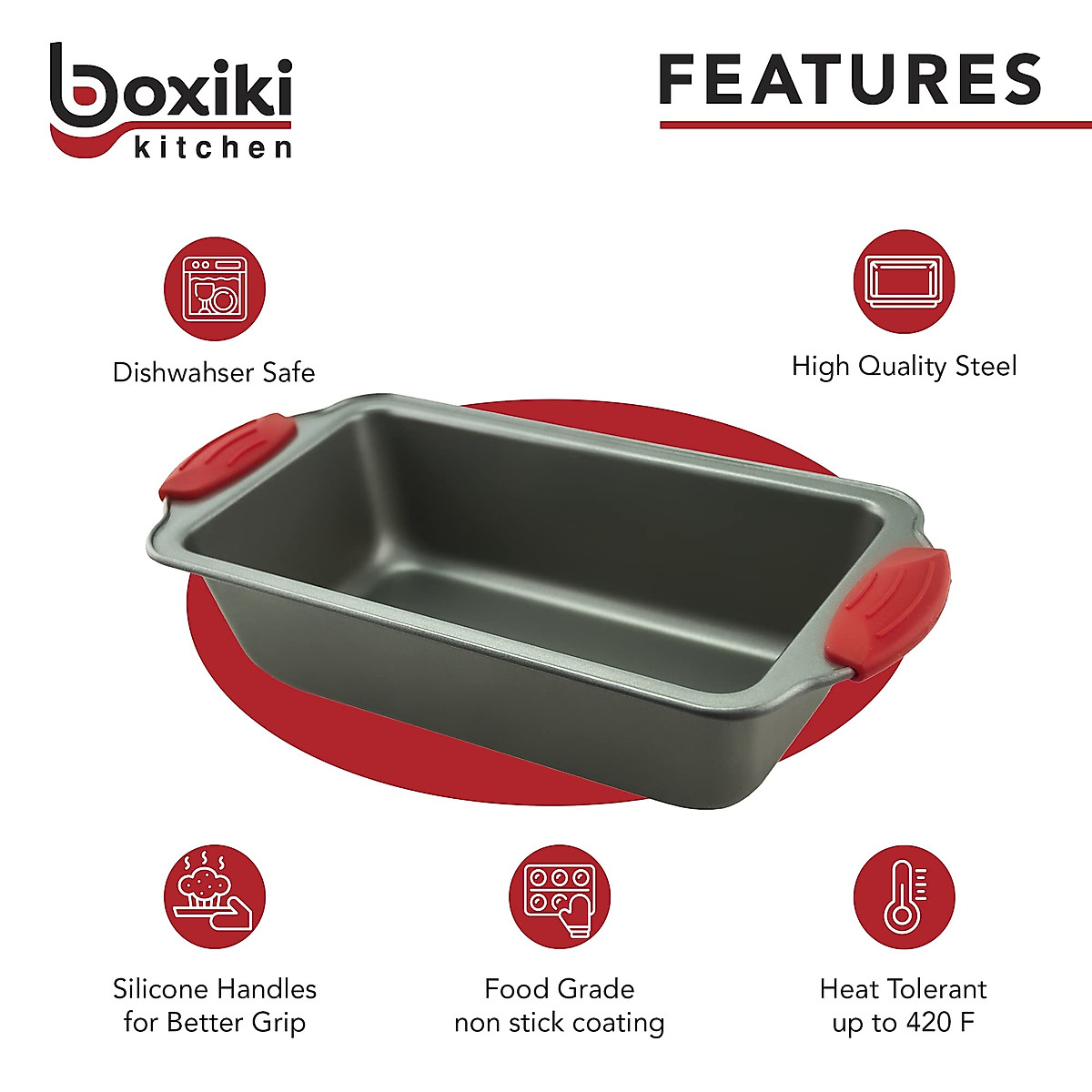 Boxiki Kitchen Premium Baking Set: Silicone 9x5 Inch Bread Loaf Pan & Non-Stick Steel 8.5 Inch Banana Bread Pan with Silicone Handles.
