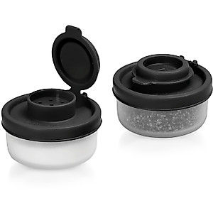 SIGNORAWARE Salt and Pepper Shakers Moisture Proof Set of 2 Small Mini Salt Shaker to go Camping Picnic Outdoors Kitchen Lunch Boxes Travel Spice set Clear with Black Covers Plastic Airtight Dispenser