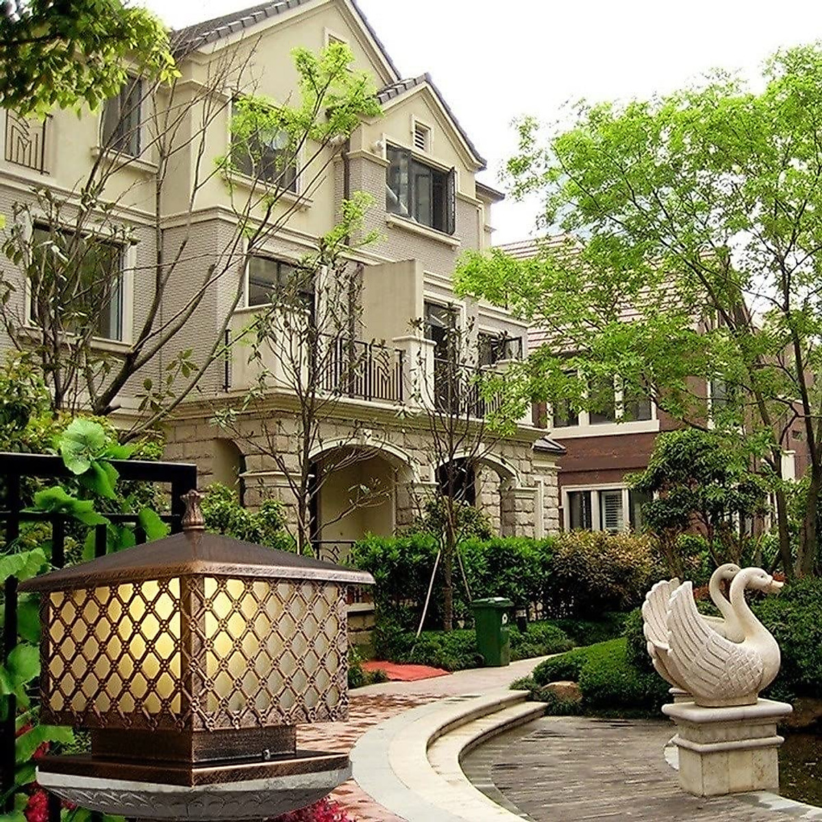 DAKWA European Bronze Post Cap Lights with Striped Glass Shade Column Lantern Rainproof Street Outdoor Lighting for Outside Patio Yard (Size : Width:15.7nch)