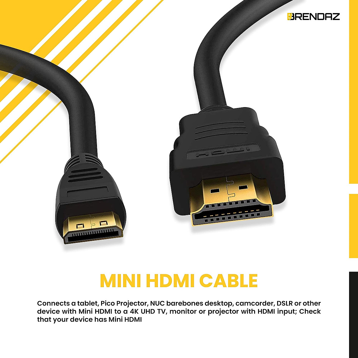 BRENDAZ 4K Mini HDMI to HDMI Cable – High Speed Ultra HD 2.0 Cable 10-ft. Compatible for Canon EOS 5D Mark II, Mark III and EOS Rebel T7i 60D T6i T6 T6s T5 T5i DSLR Camera (10-Feet)