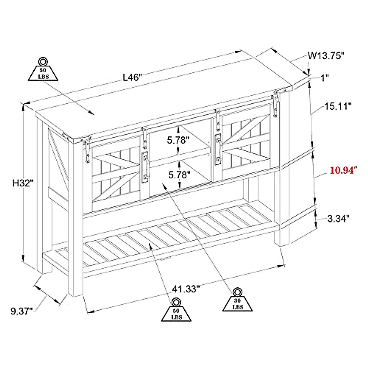 OKD Farmhouse Console Entryway Table with Sliding Barn Doors, Rustic Entry Sofa Tables Buffet Sideboard for Hallway, Foyer, Couch, Entrance, Living Room, Dining, Kitchen, 46 Inch, Light Rustic Oak