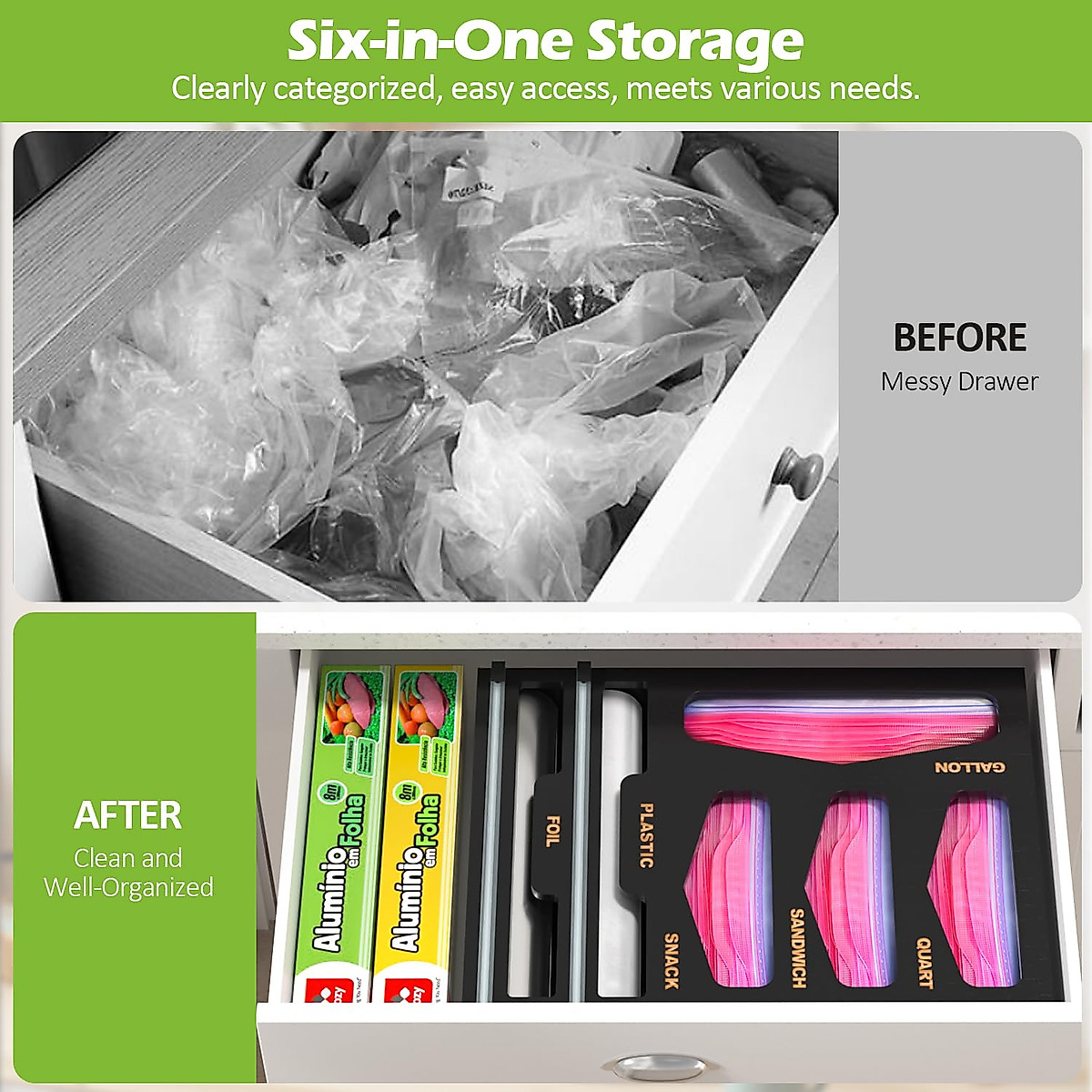 LUYABA 6 in 1 Bag Organizer and Wrap Dispenser with Magnetic Lid - Plastic Wrap Dispenser with Cutter for Kitchen Drawer, Storage for Gallon, Quart, Sandwich, Snack Bags, and Foil Black